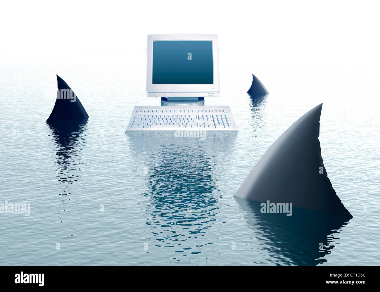 shark fins circling around a computer in the sea Stock Photo - Alamy