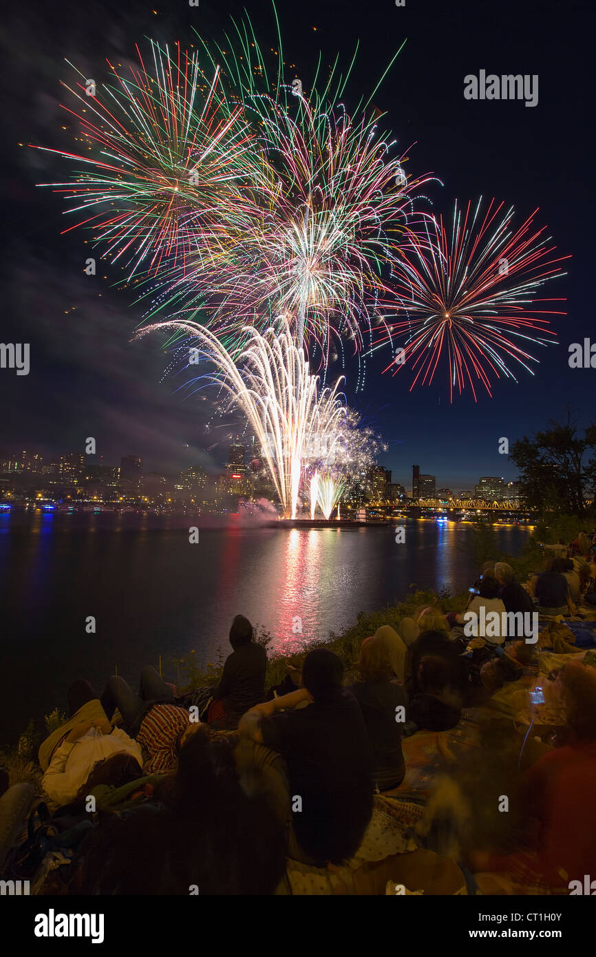 People Watching Fireworks Display Along the Banks of Willamette River ...
