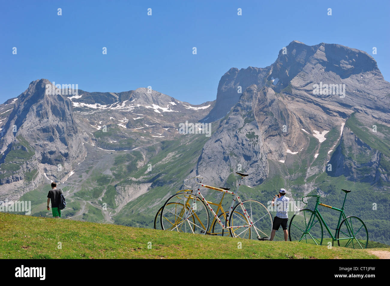 Tourists and giant bicycle sculptures in the mountains at the Col d ...