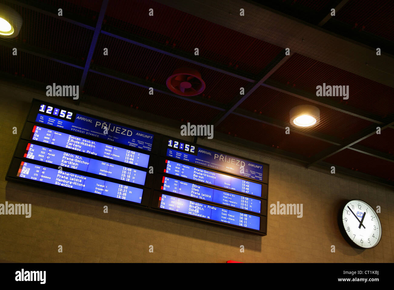 Train information board in the modern Prague Hlavni Nadraze main ...