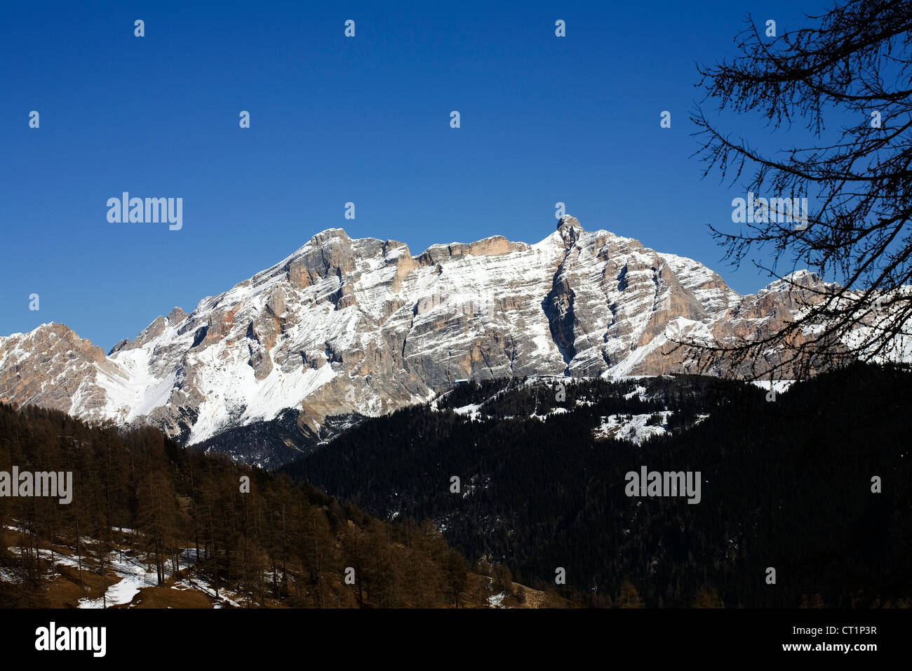 Massive limestone cliffs, from Corvara, Dolomites, Colfosco and Corvara ...