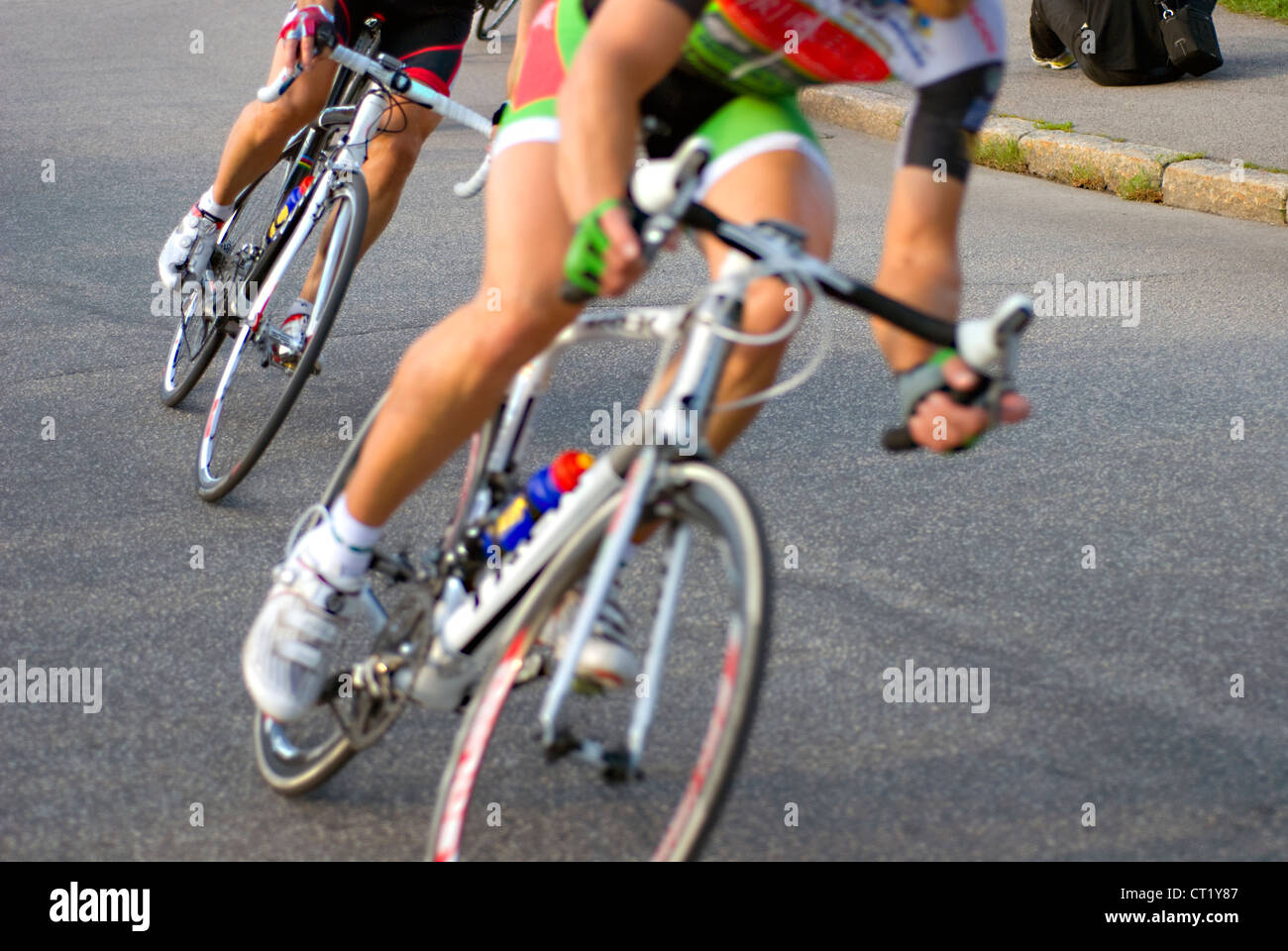 Two racing cyclists from Kalmar Grand Prix, focus on the second cyclist ...