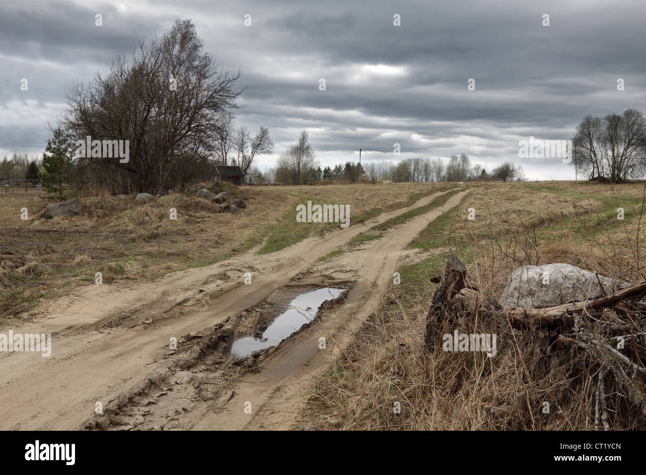 Typical Russian countryside road outlying village, early spring time ...