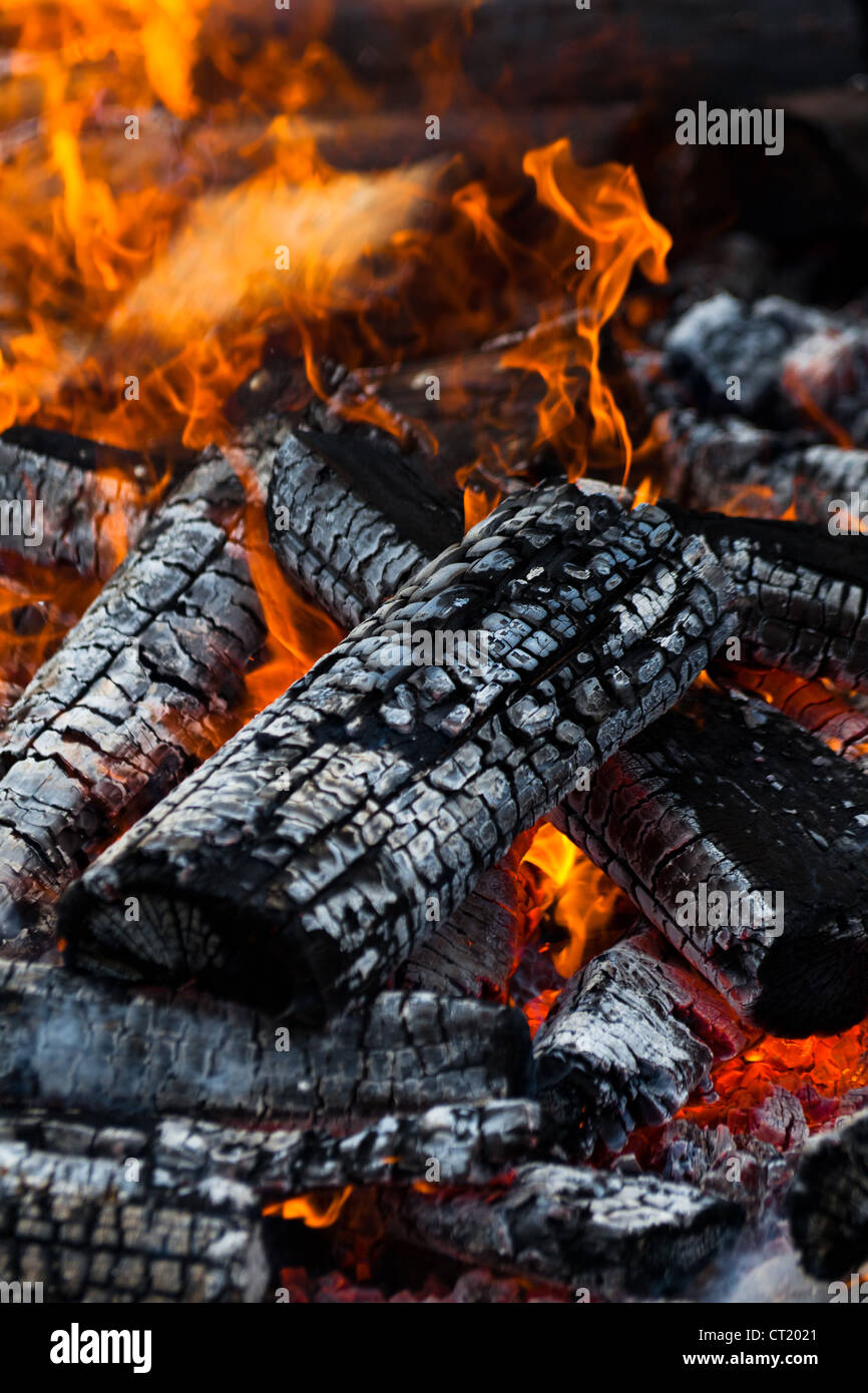 Burning Log and red Flame Stock Photo - Alamy