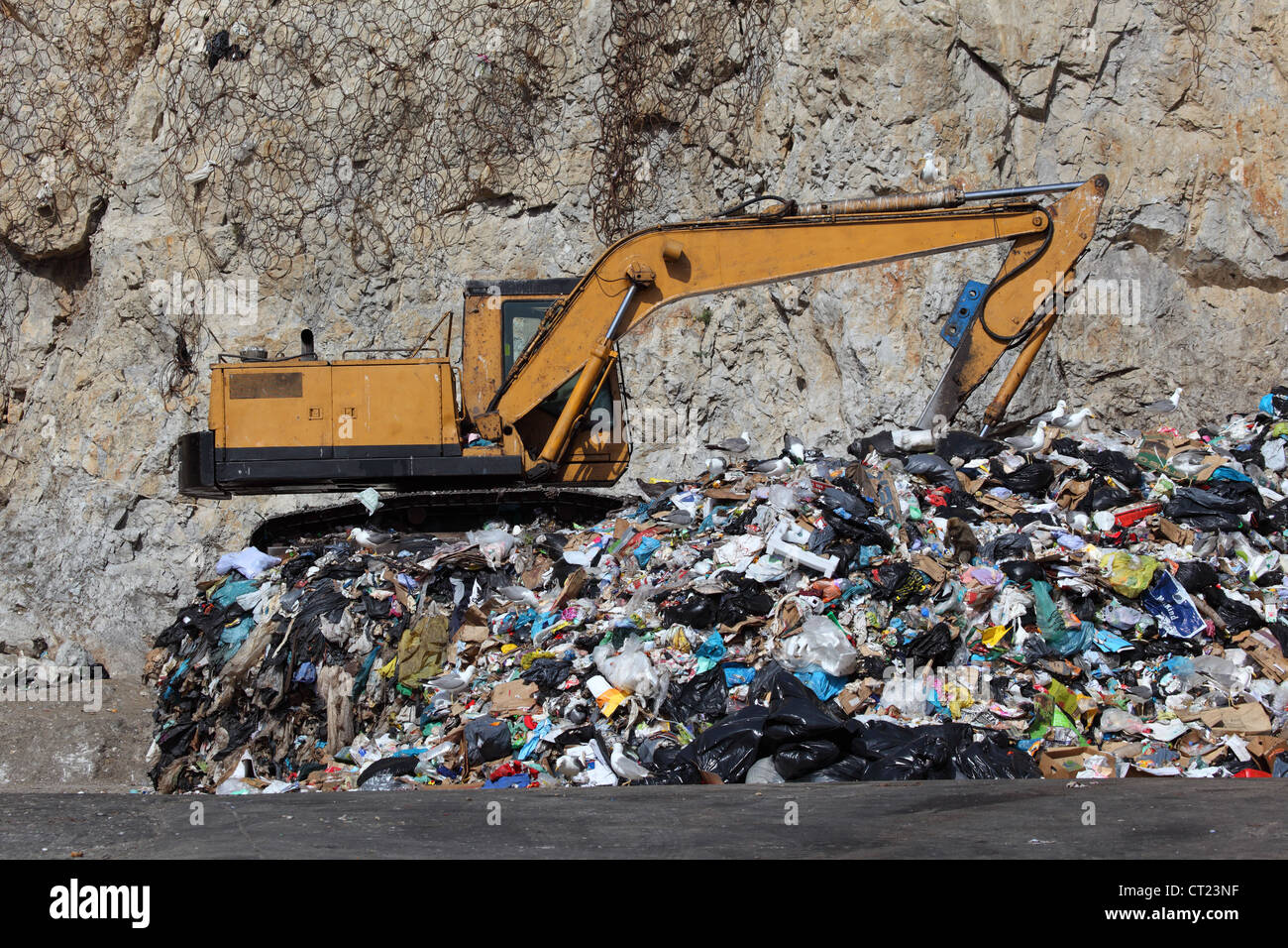 Excavator at the garbage dump Stock Photo - Alamy