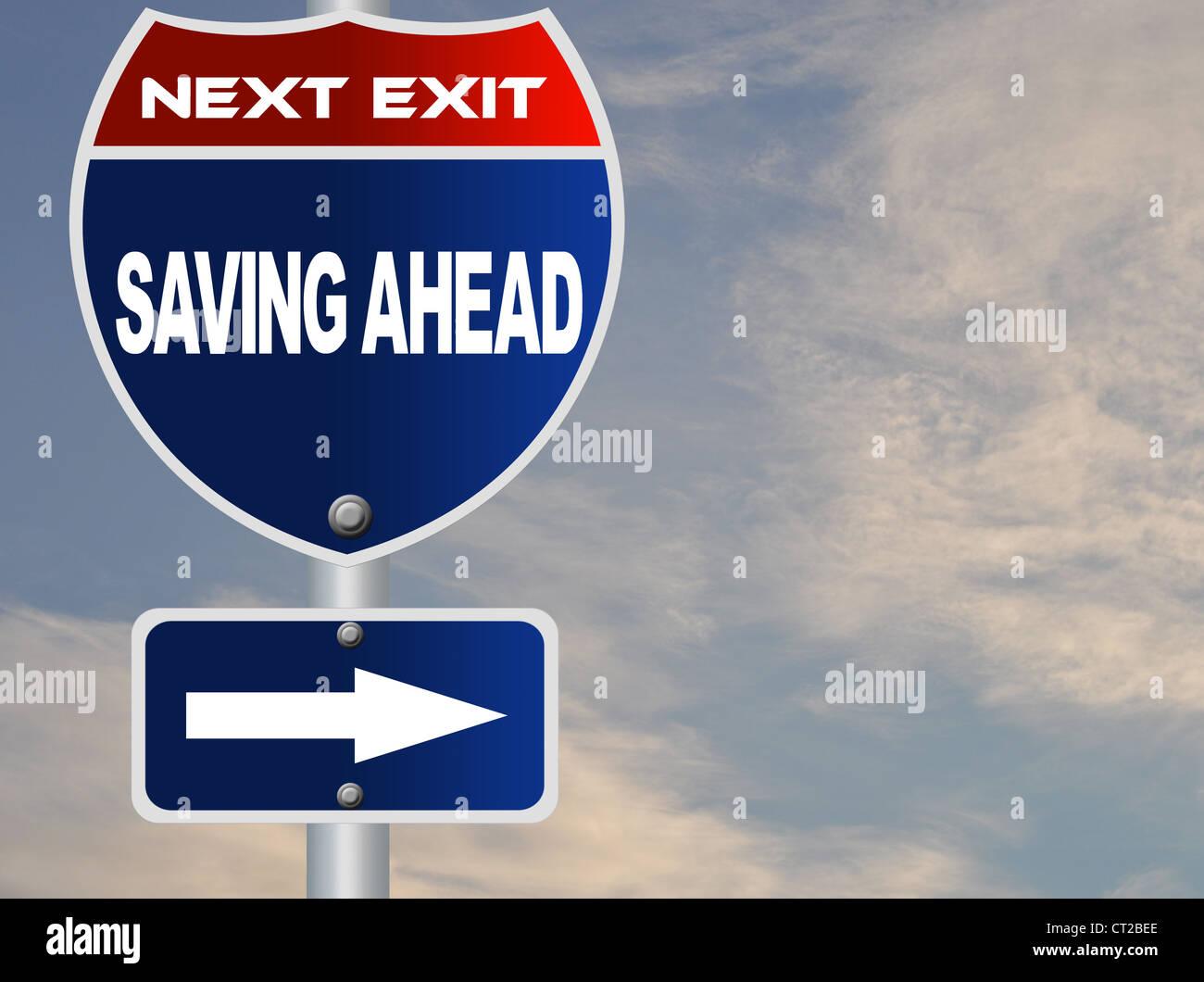 Saving ahead road sign Stock Photo - Alamy