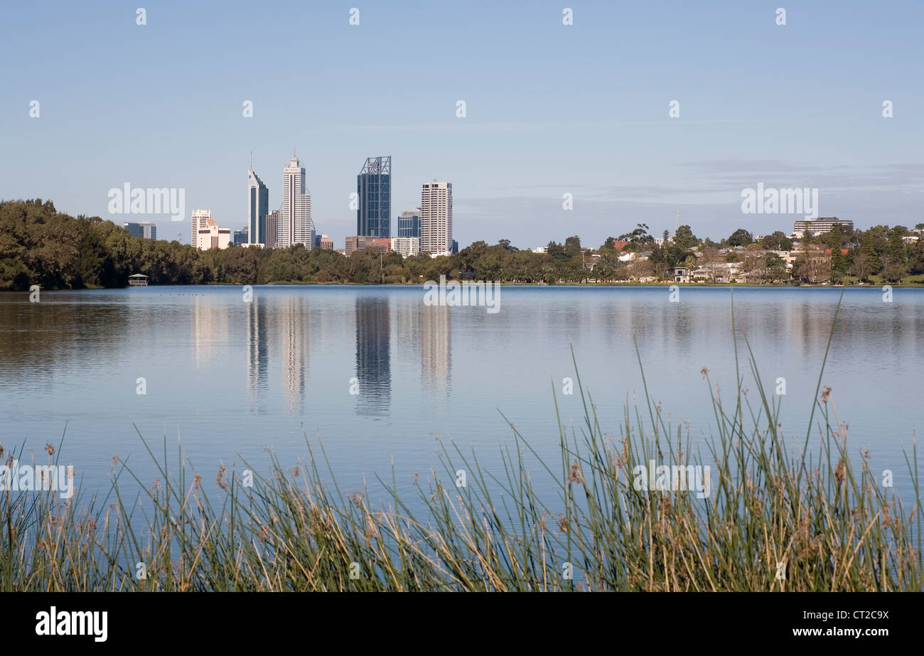View across Lake Monger to the central business district skyscrapers of ...