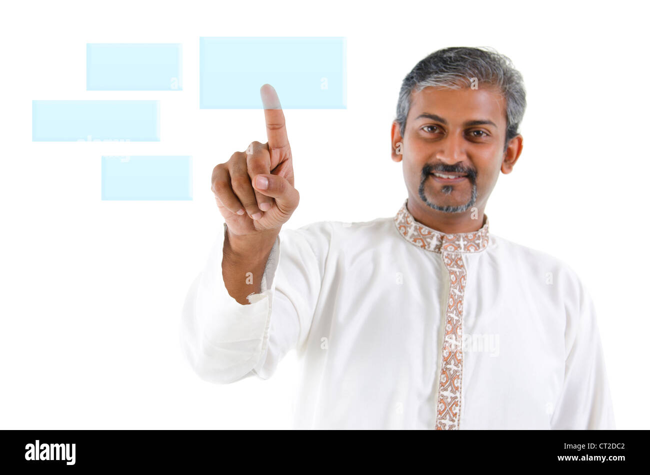 Mid adult Asian Traditional Indian man finger pressing on touchscreen ...