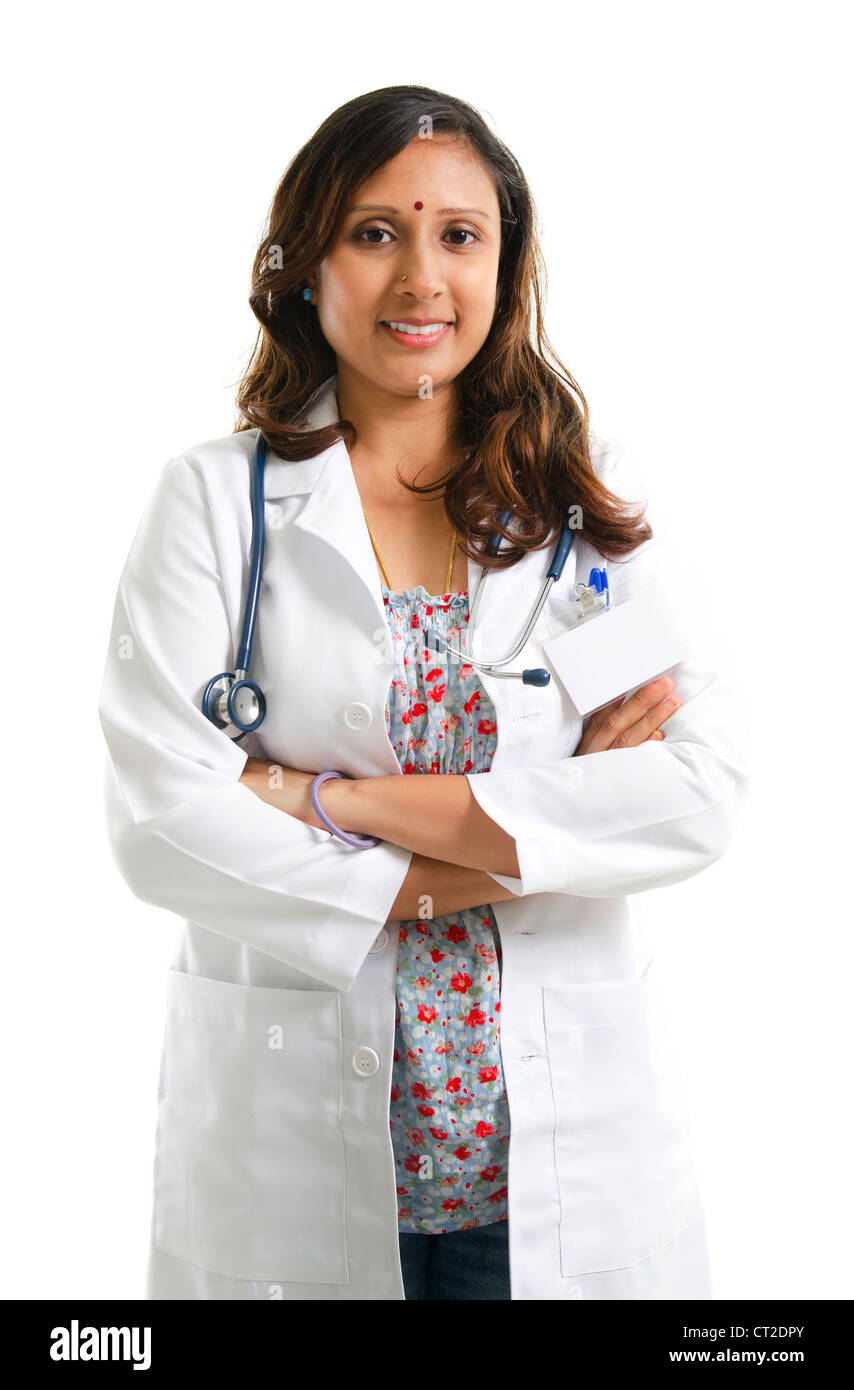 30s Asian Indian female doctor crossed arms over white background Stock ...