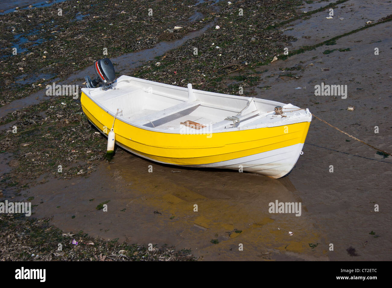 Bright yellow boat with oars and engine Stock Photo - Alamy