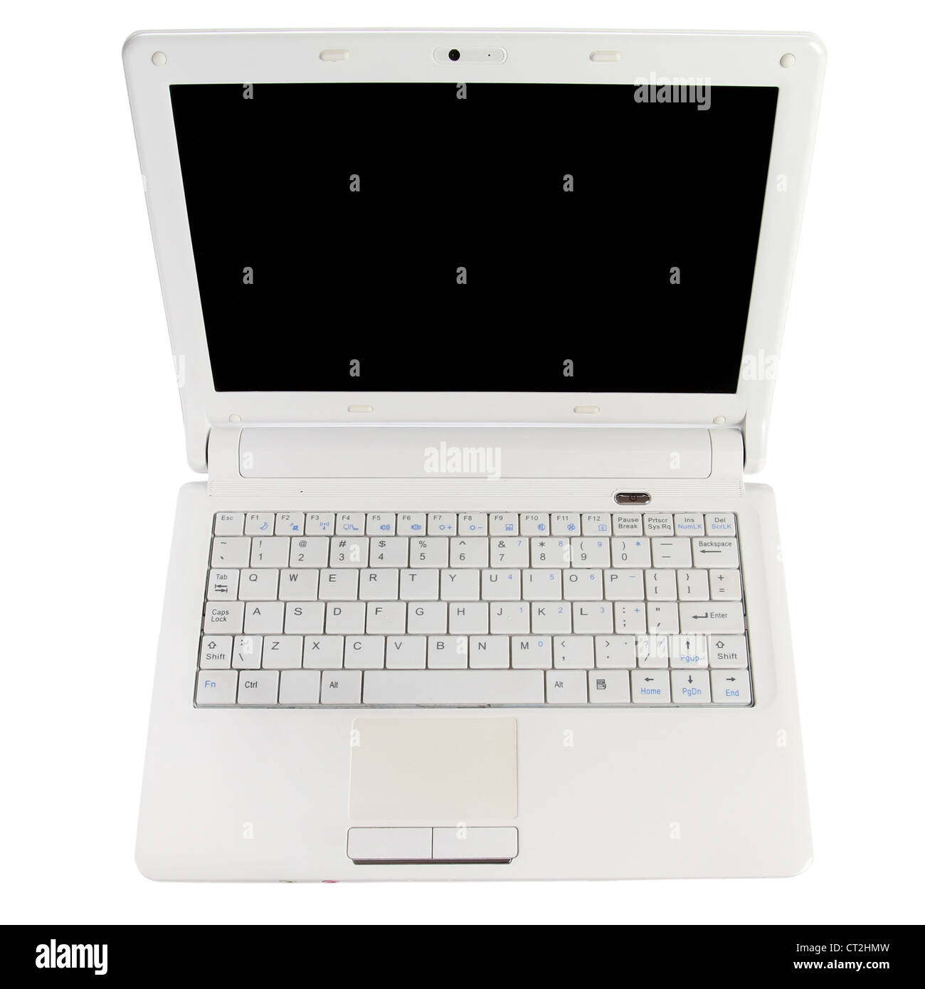 White open laptop with black screen on white background Stock Photo - Alamy