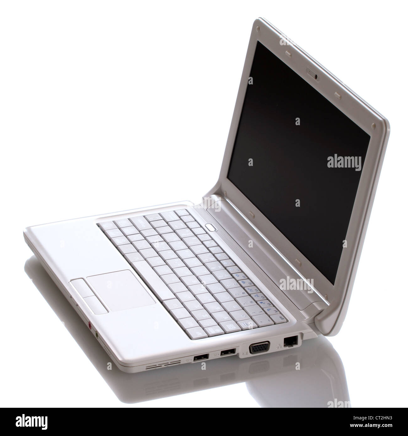 White open laptop with black screen on white background Stock Photo - Alamy