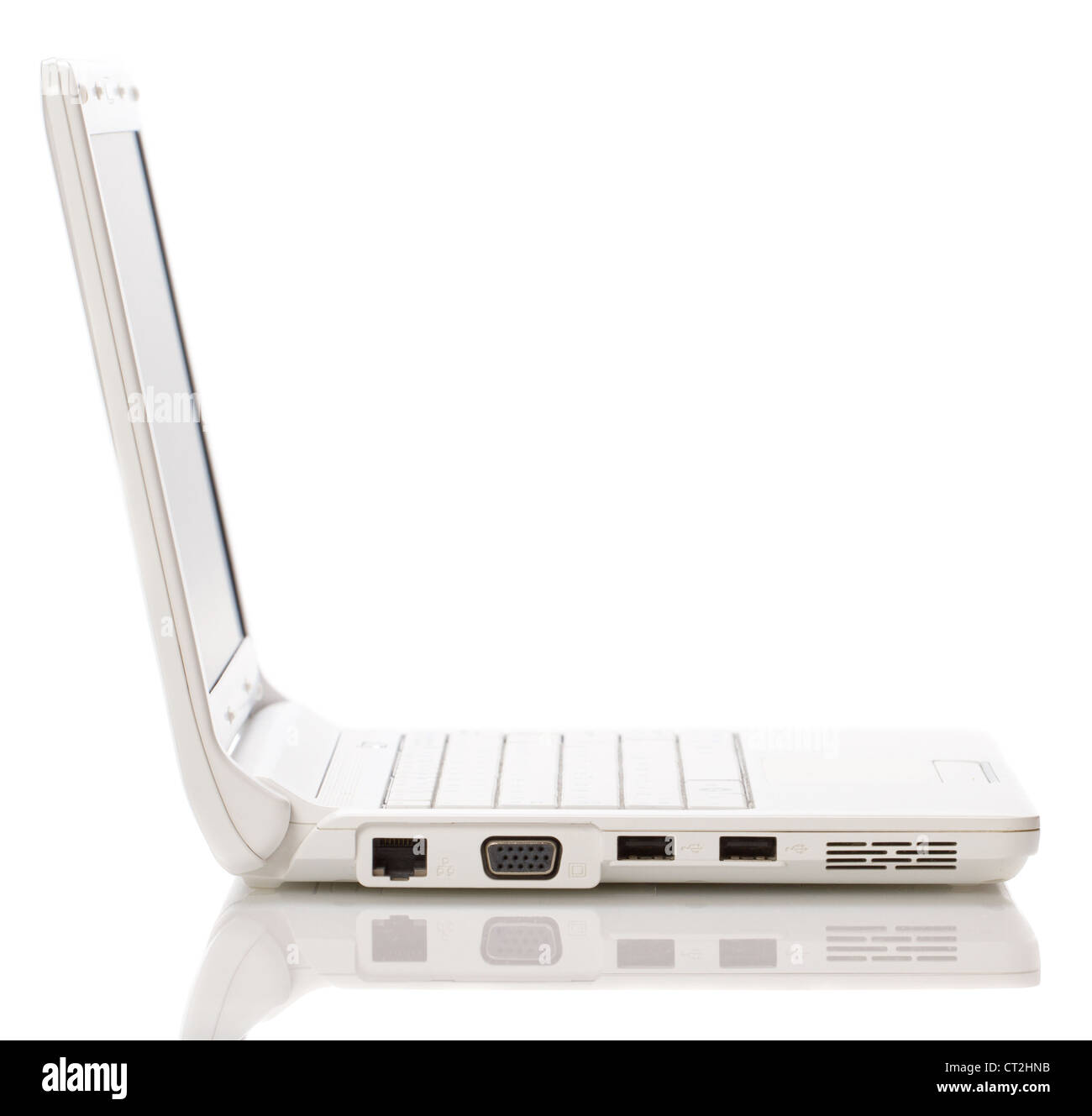 White open laptop with black screen on white background Stock Photo - Alamy