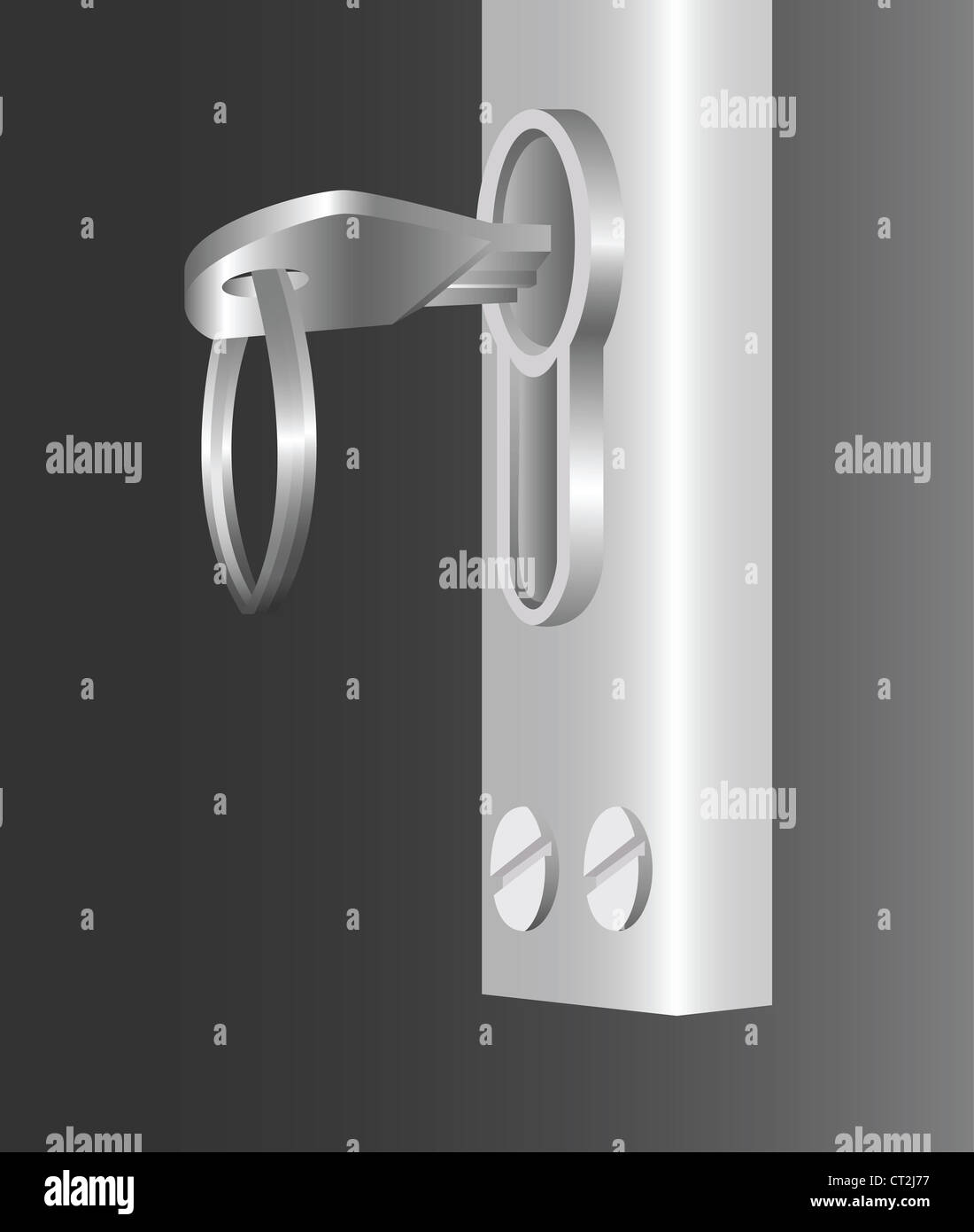 The realistic illustration of a metal key in the door clock Stock Photo ...