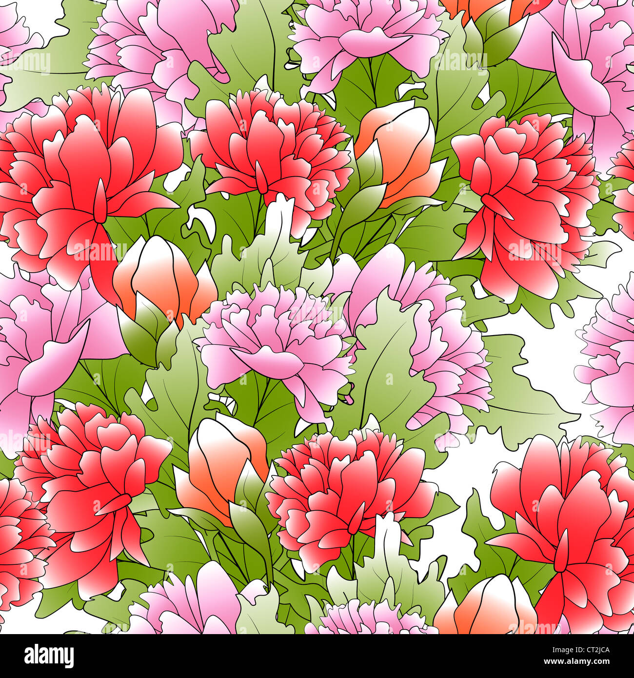 The seamless of a color peonies and green leafs Stock Photo - Alamy