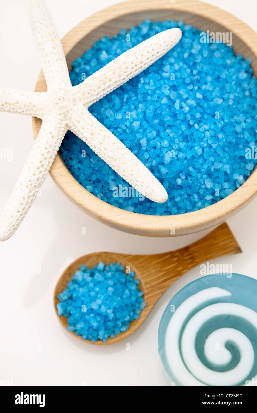 lavender blue spa salt with soap on a white background Stock Photo - Alamy
