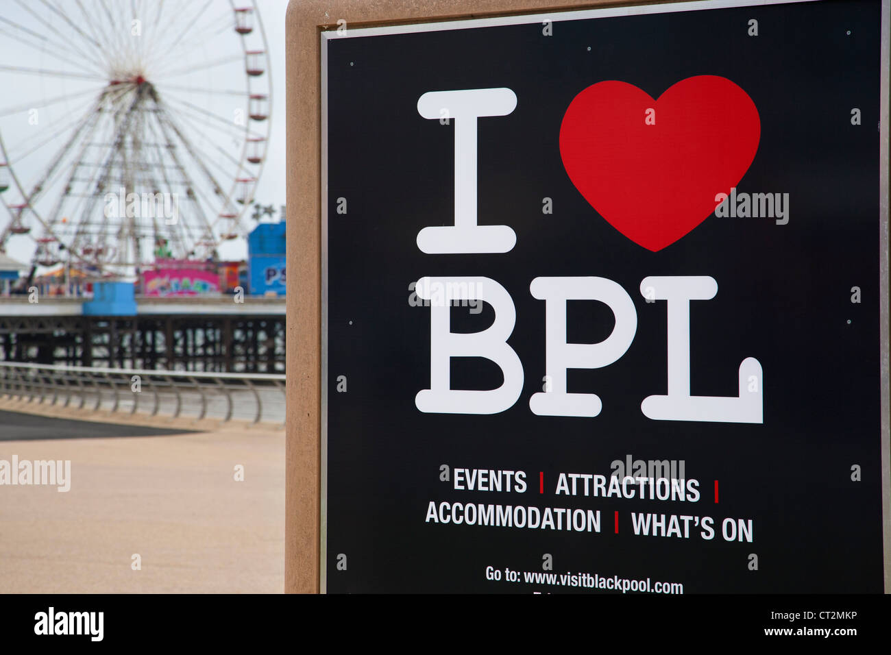 I Love Blackpool sign on promenade with Central Pier and big wheel in ...
