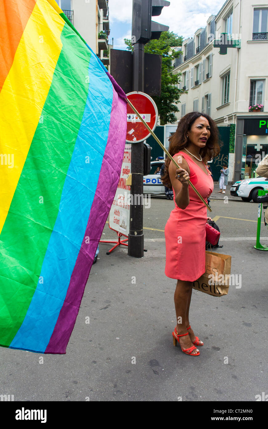 Paris, France, Trans Activist holding LGBT Flag on Street at Sex ...