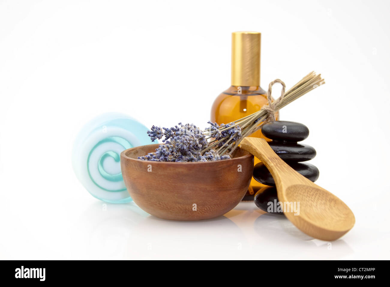 spa set with soap,dry lavender ,oil and wooden spoon Stock Photo - Alamy