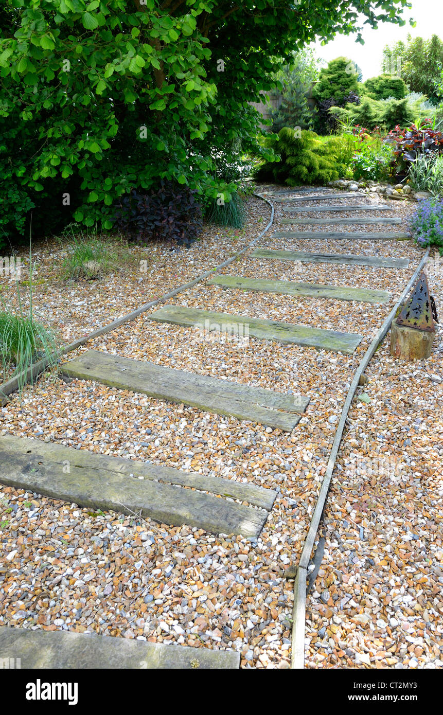 Shingle pathway path designed with reclaimed railway sleepers, Norfolk ...