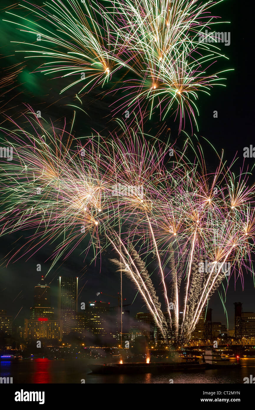 Fireworks Display Along Willamette River with Portland Oregon Skyline ...