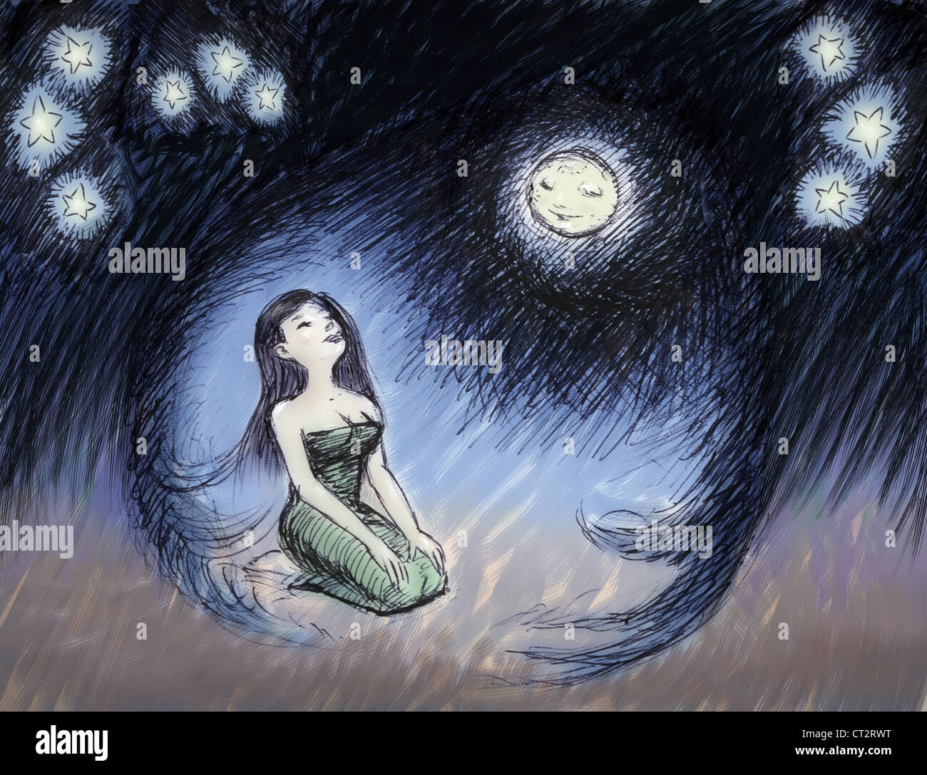 Full Moon hugging woman, menstruation concept illustration Stock Photo ...