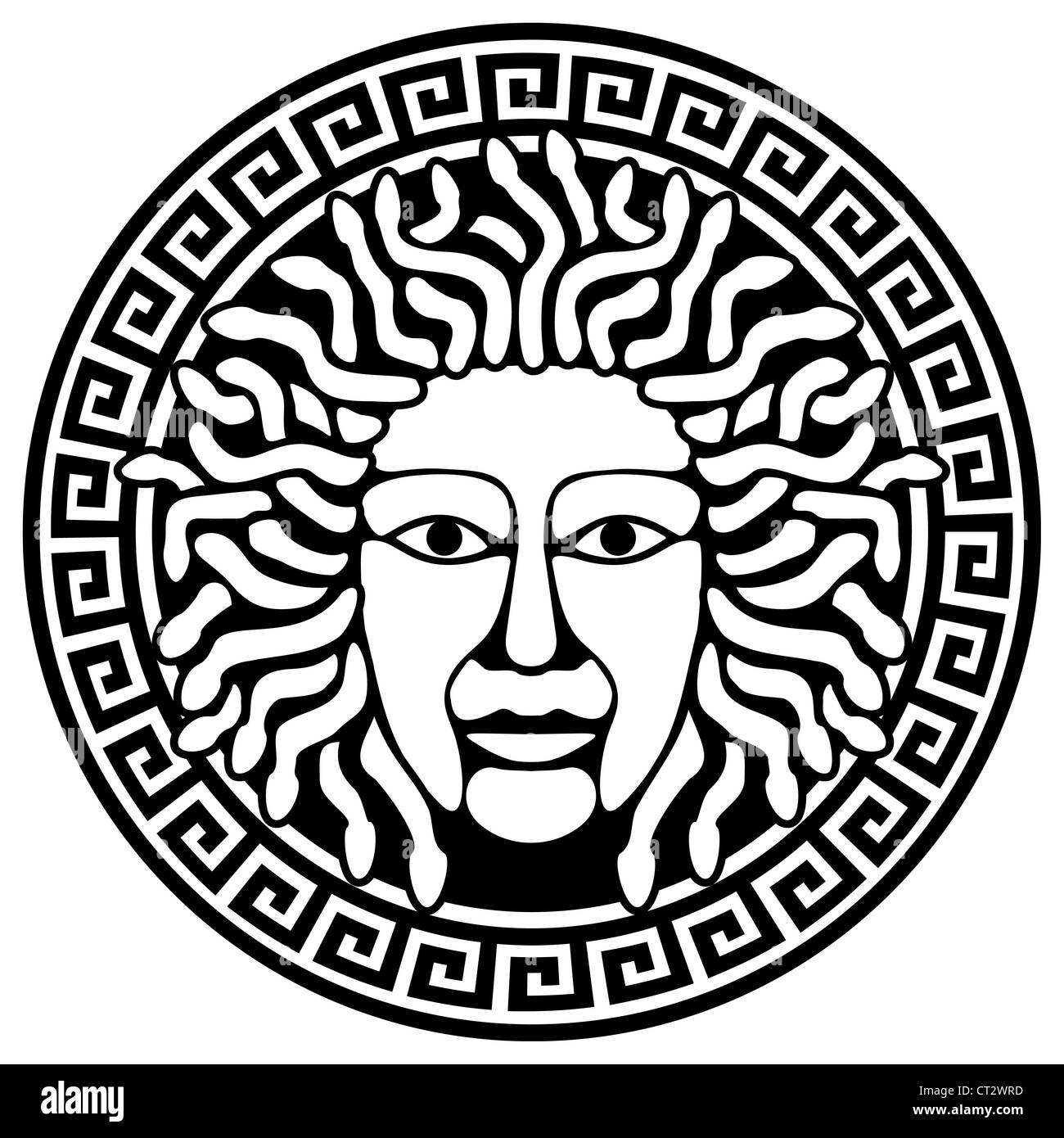 Illustration of Medusa Gorgon head with snake hair. Round meander ...