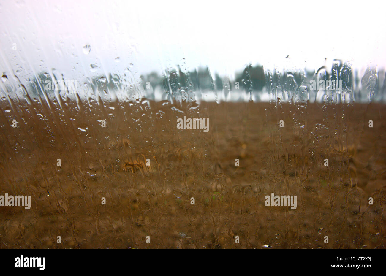 Rainy day, raindrops running down a wind. View of a muddy field, trees ...