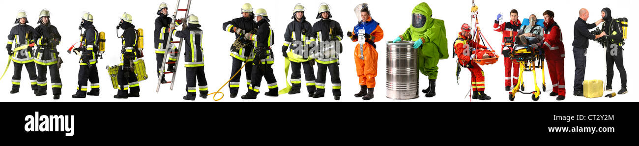 Firefighters, in various uniforms, suits, with different equipments ...