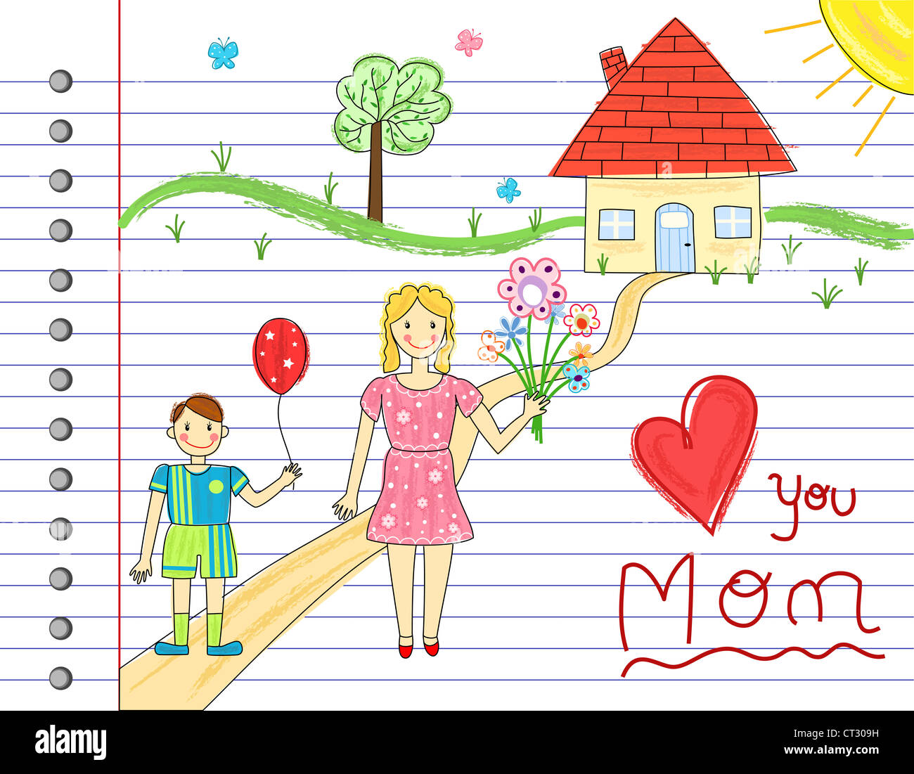 Mother Day card - kids crayon drawings. Over white notebook page Stock ...