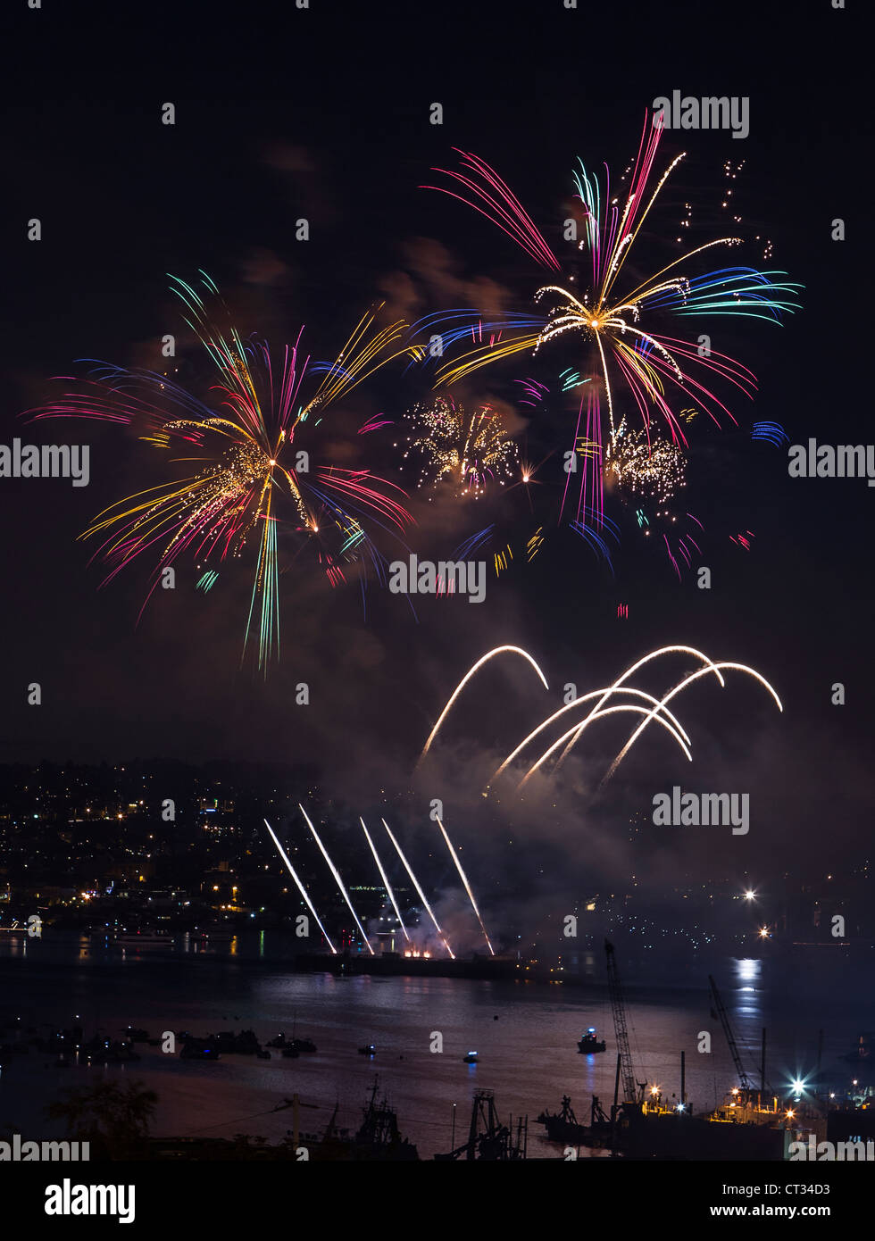 Colorful Fireworks fired from Lake Union Washington Stock Photo - Alamy