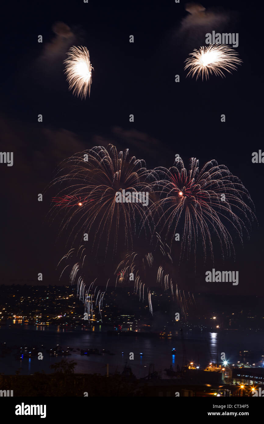 High raising fireworks on Lake Union in Seattle Washington Stock Photo ...