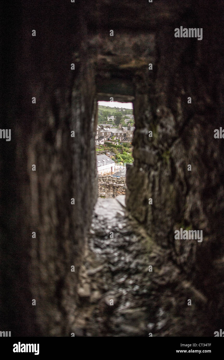 View of the town from one of the archers' windows at Harlech Castle in ...