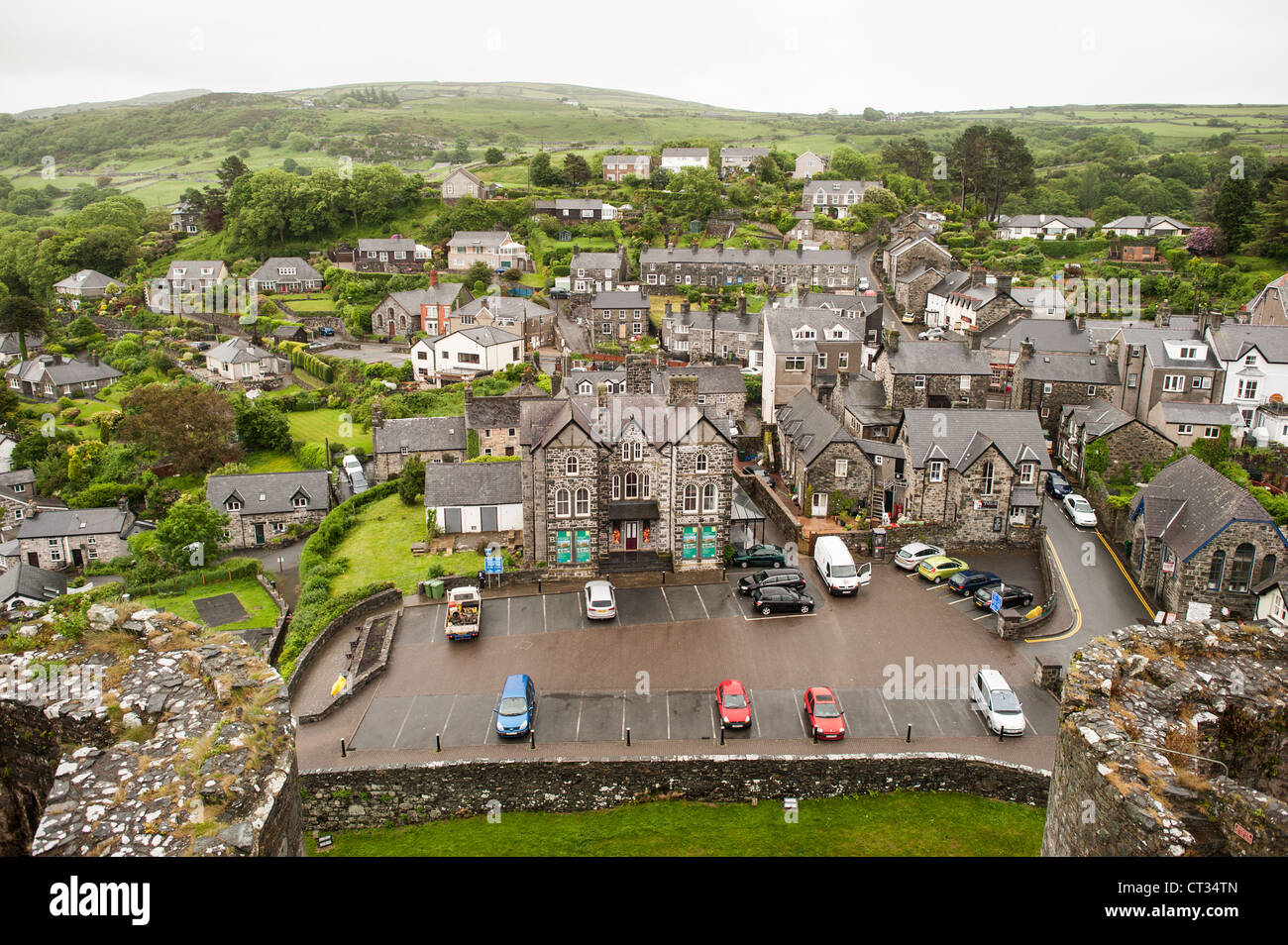 View of part of the town of Harlech from the ramparts of the castle at ...