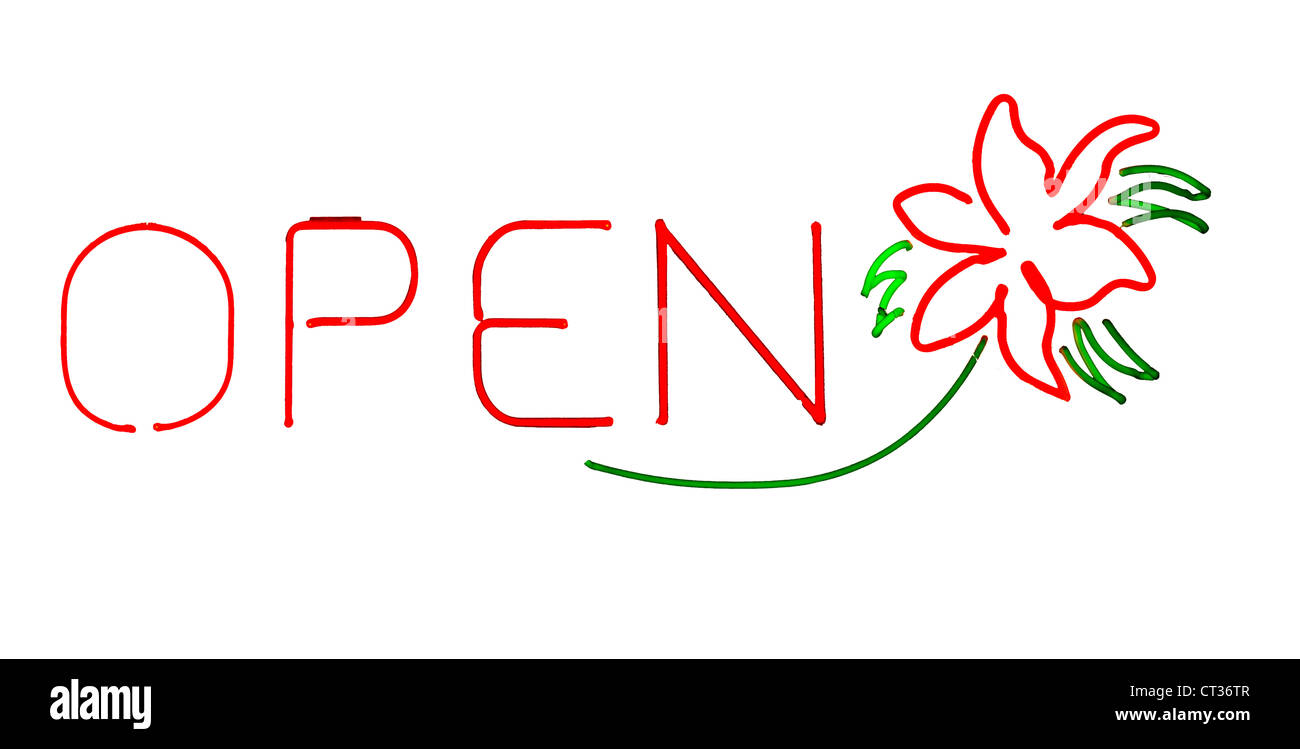 A bright neon open sign with flower Stock Photo - Alamy
