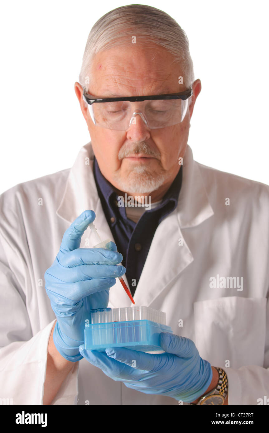 Research scientist with blood samples for analysis isolated on a white ...