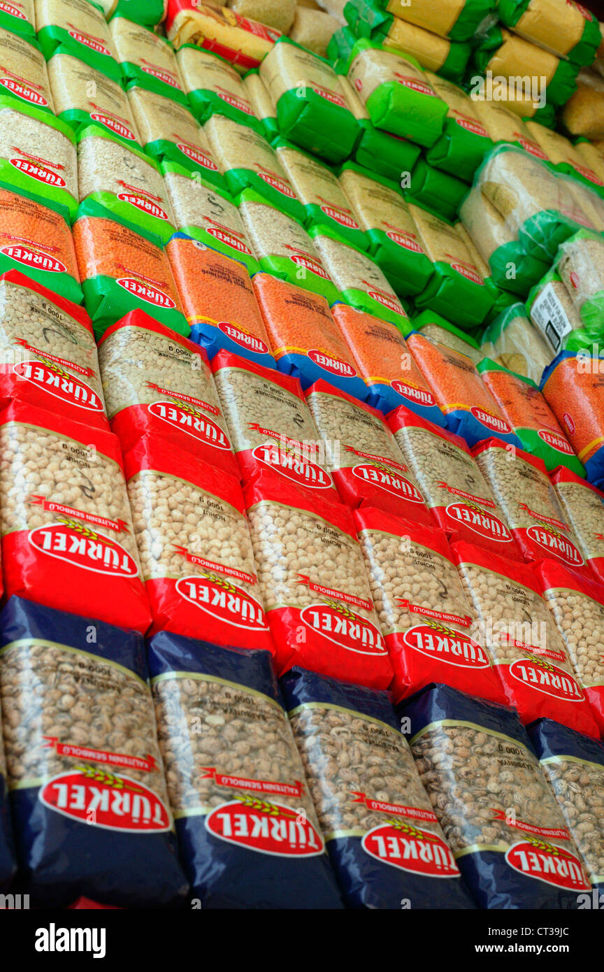 Legumes in colorful packaging Stock Photo - Alamy