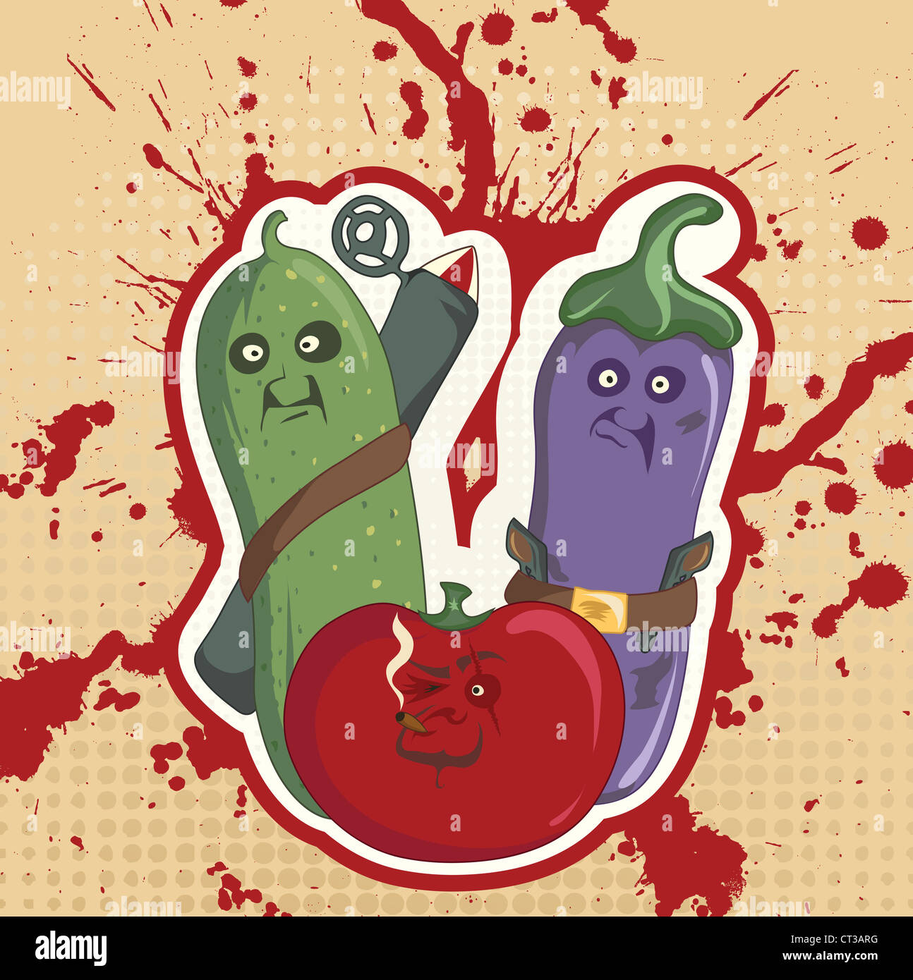 Tomato, cucumber and eggplant are in military uniform. Angry vegetables ...