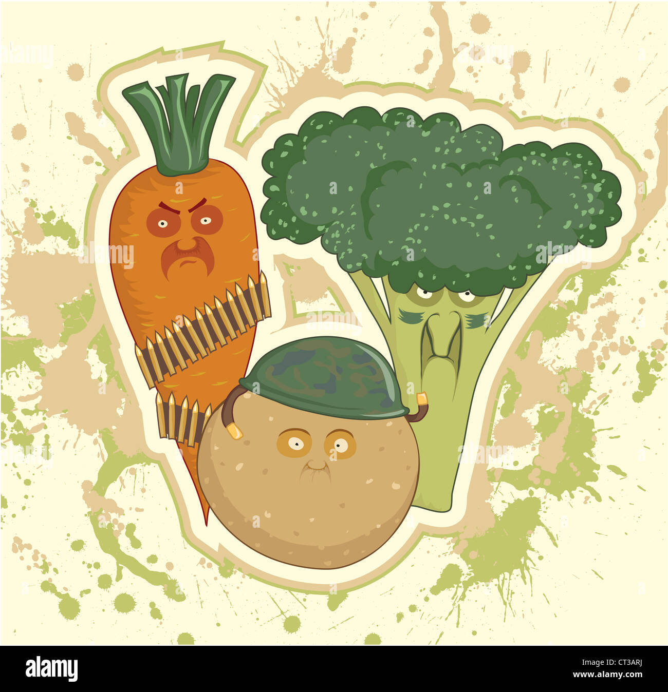 Potatoes, carrots, broccoli, standing in military uniform. Angry ...