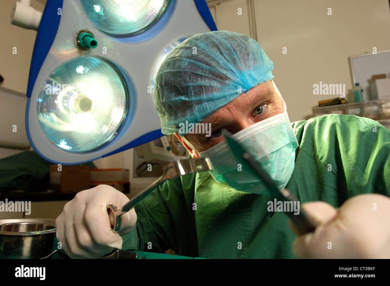 An surgeon holding up a scalpel and a retractor Stock Photo - Alamy