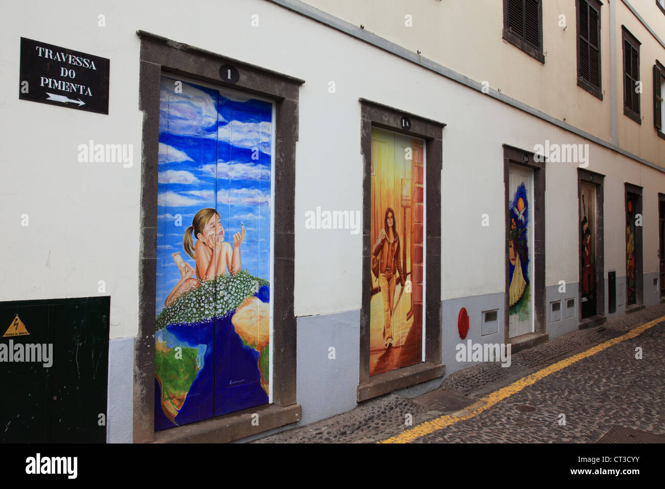 Painted doors of Santa Maria street in the old town, Funchal, Madeira ...