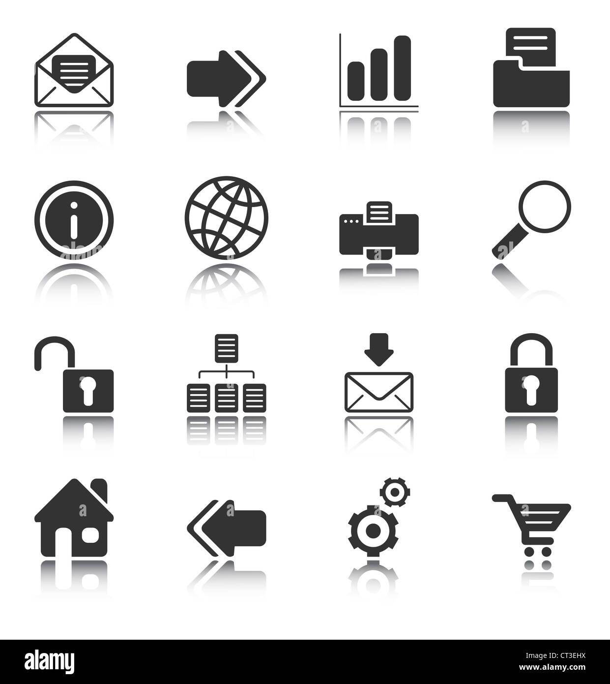 Web and Internet icons reflected on white background, isolated objects ...