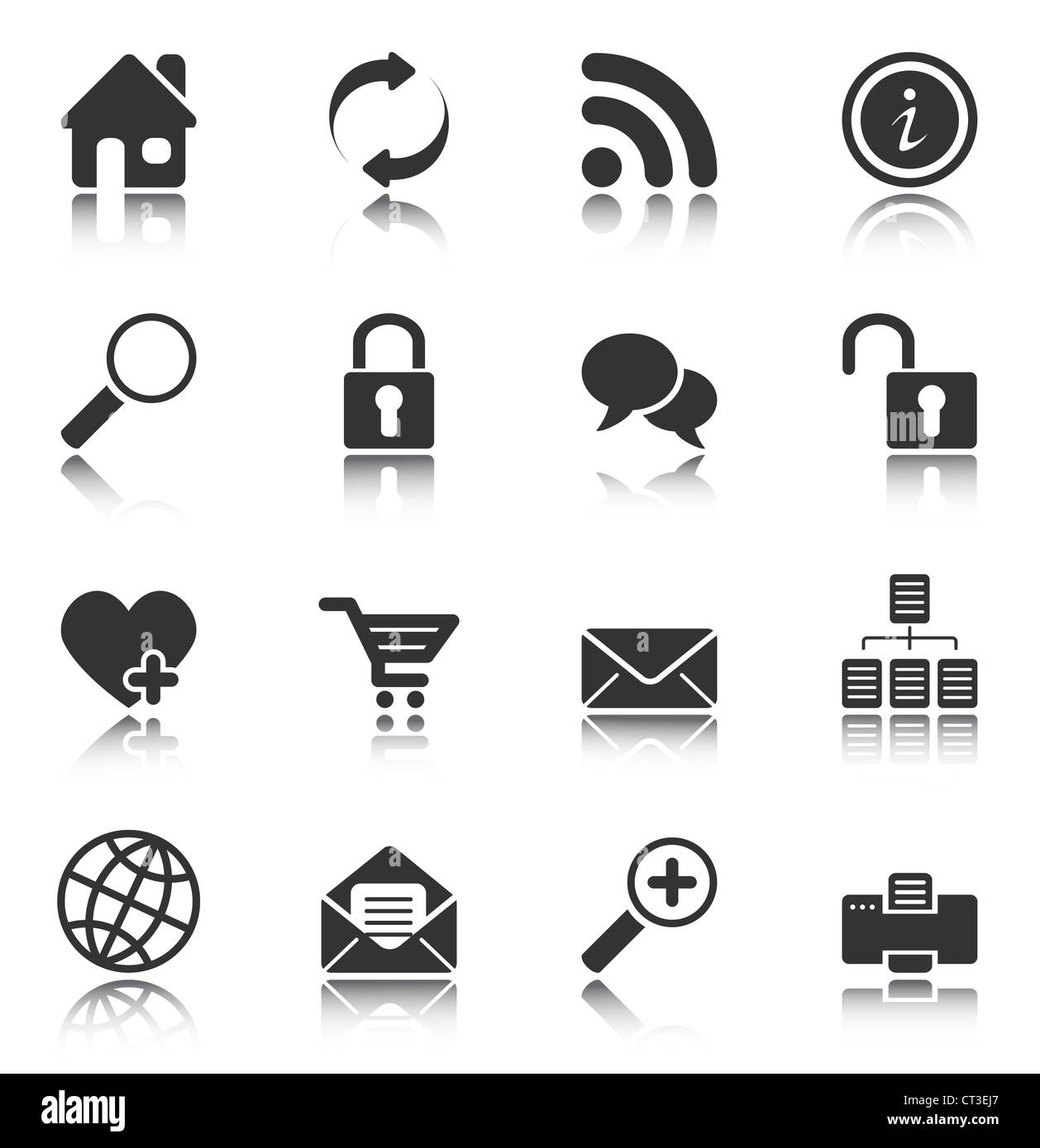 Web and Internet icons reflected on white background, isolated objects ...