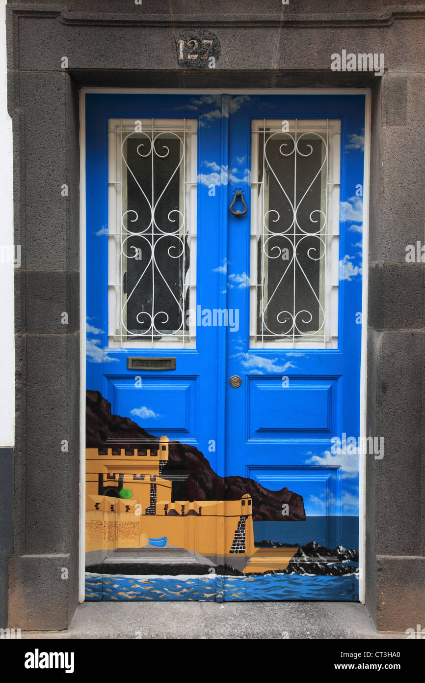 Painted doors of Santa Maria street in the old town, Funchal, Madeira ...