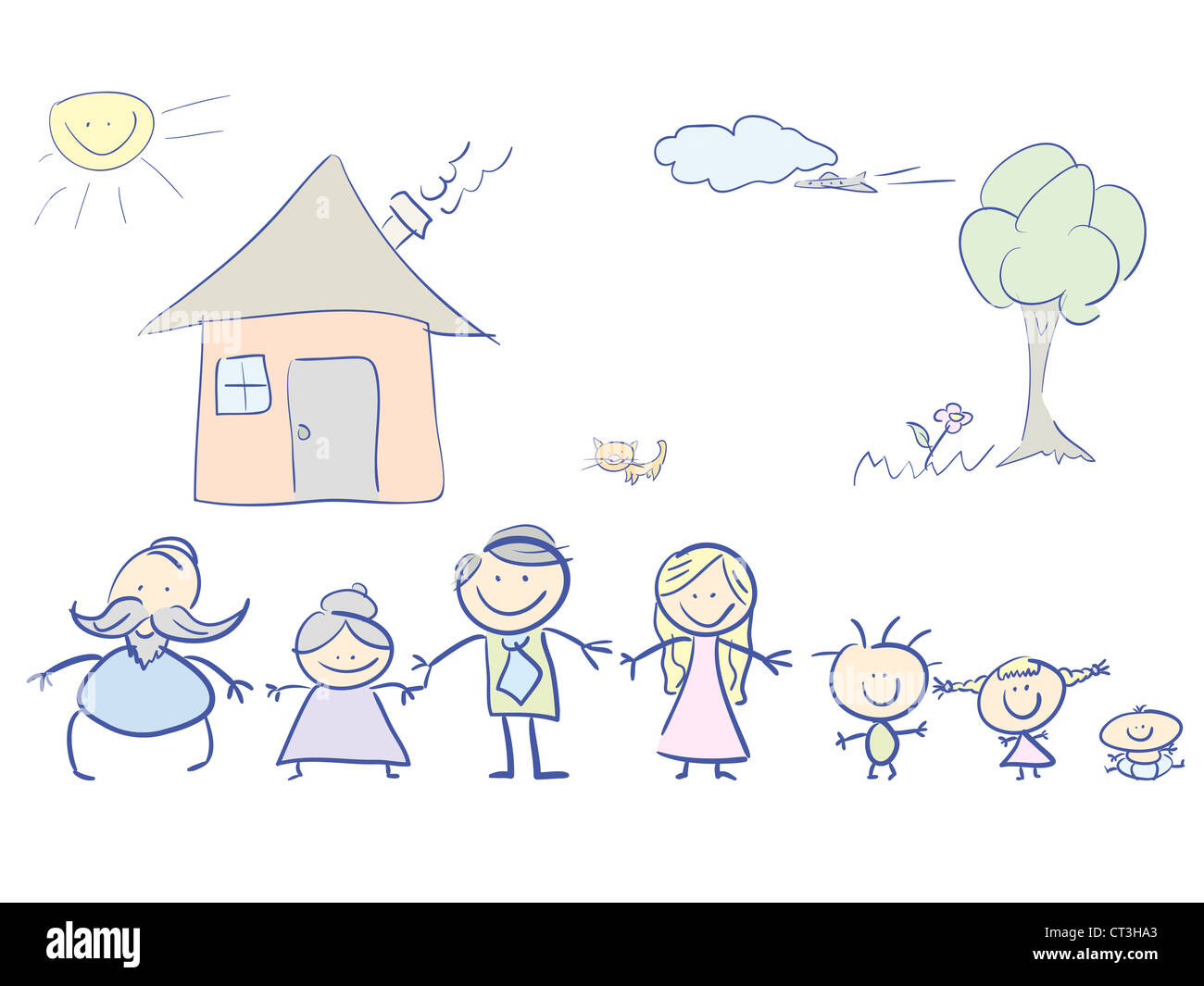 A happy family, a child's drawing. illustration Stock Photo - Alamy