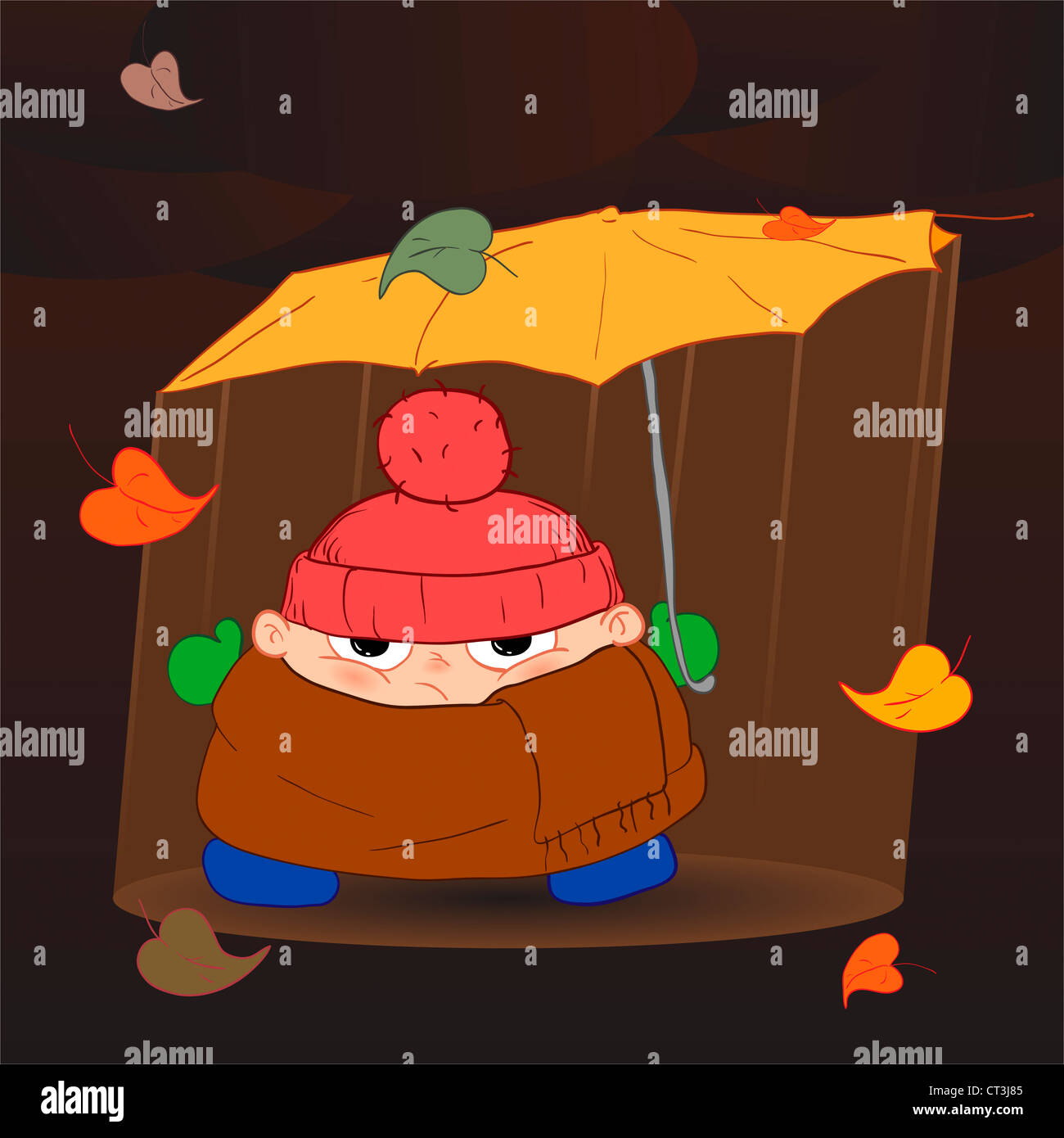 Sad child standing in the rain. Autumn illustration of sorrow Stock ...