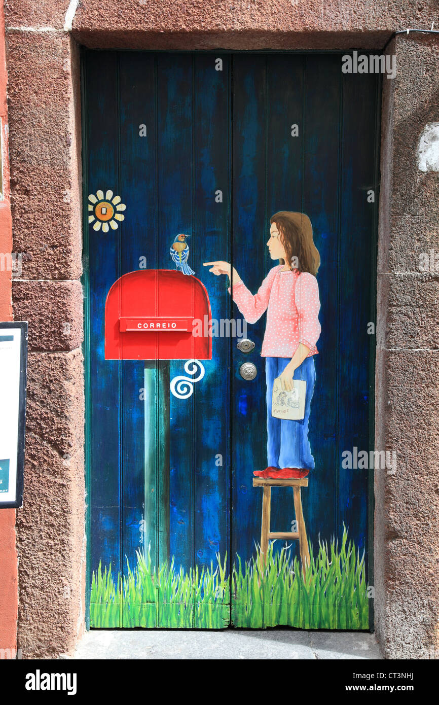 Painted doors of Santa Maria street in the old town, Funchal, Madeira ...