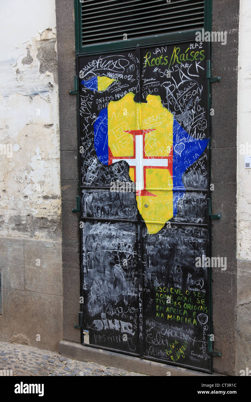 Painted doors of Santa Maria street in the old town, Funchal, Madeira ...