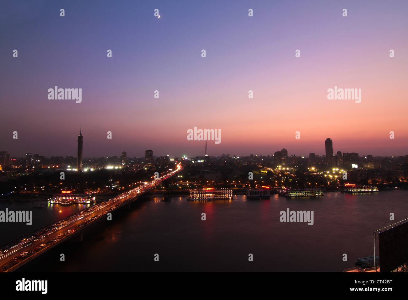 Cairo at dusk showing River Nile and October 6 bridge Stock Photo - Alamy