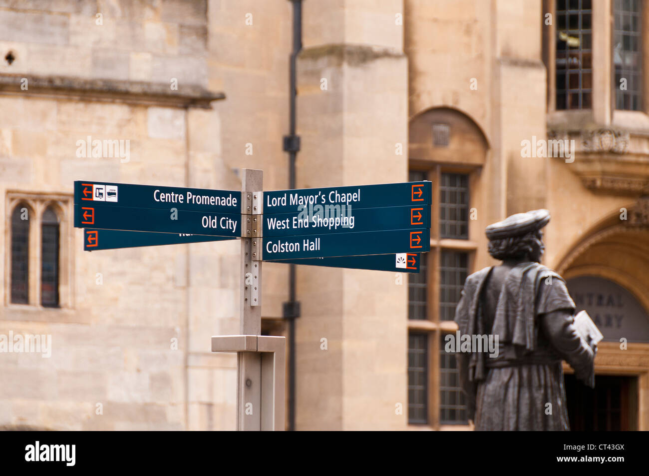 Signpost for pedestrians in College Green in the centre of Bristol City ...